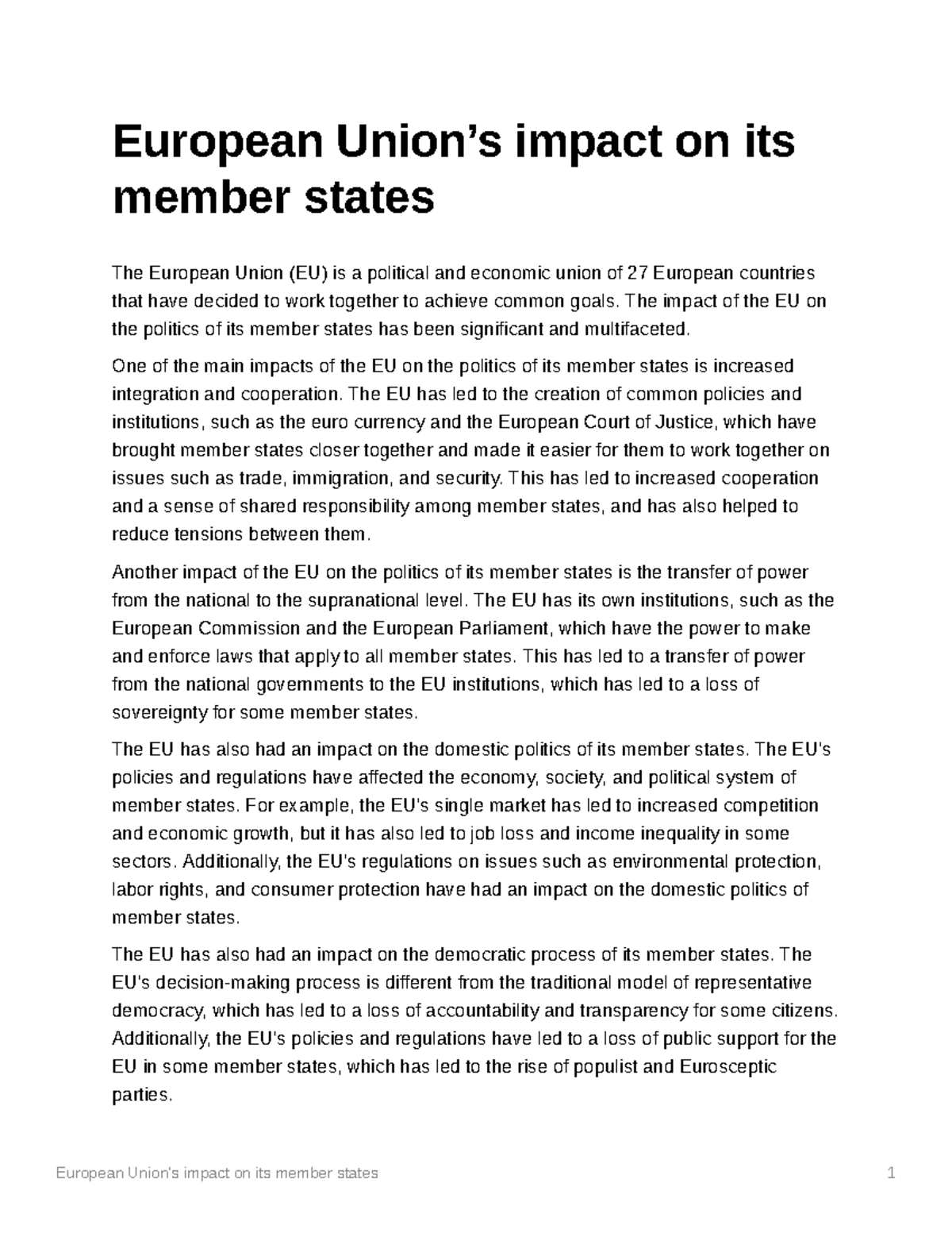 European Unions impact on its member states - The impact of the EU on ...