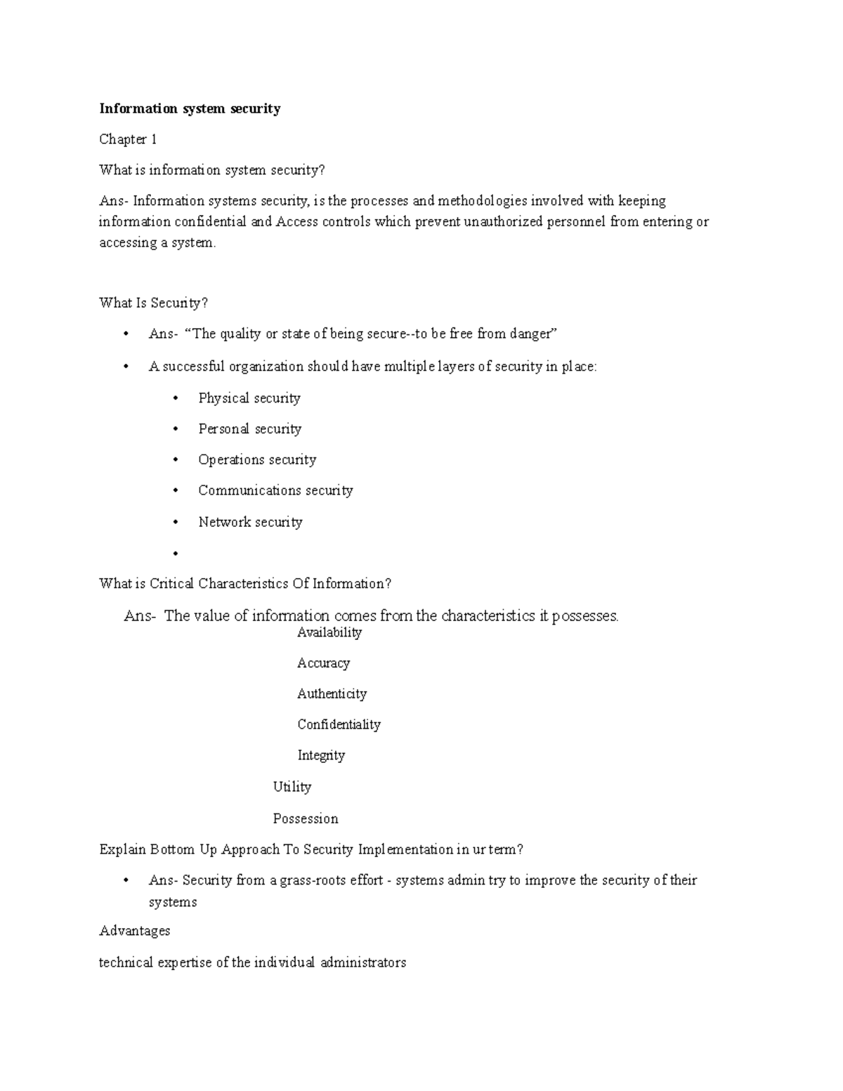Information System Security What Is Security Ans “the Quality Or