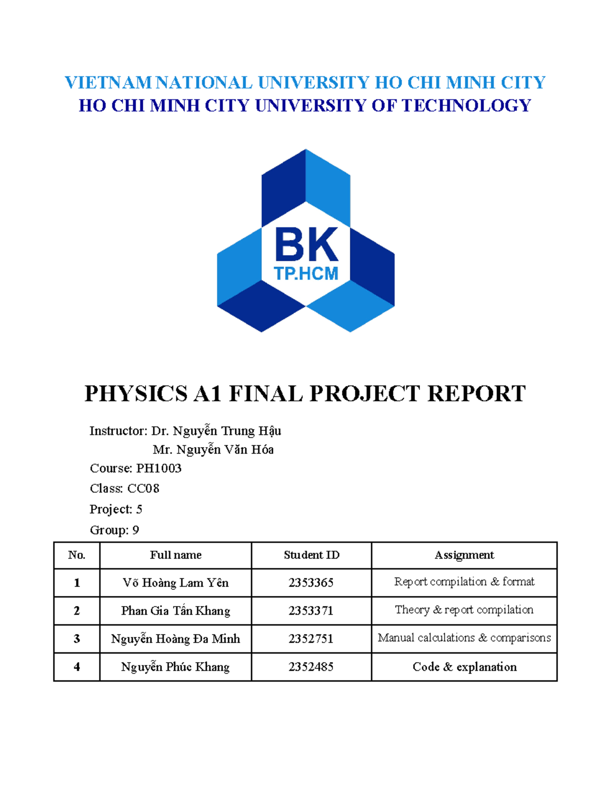 Phys 1 report form - VIETNAM NATIONAL UNIVERSITY HO CHI MINH CITY HO CHI MINH CITY UNIVERSITY OF ...