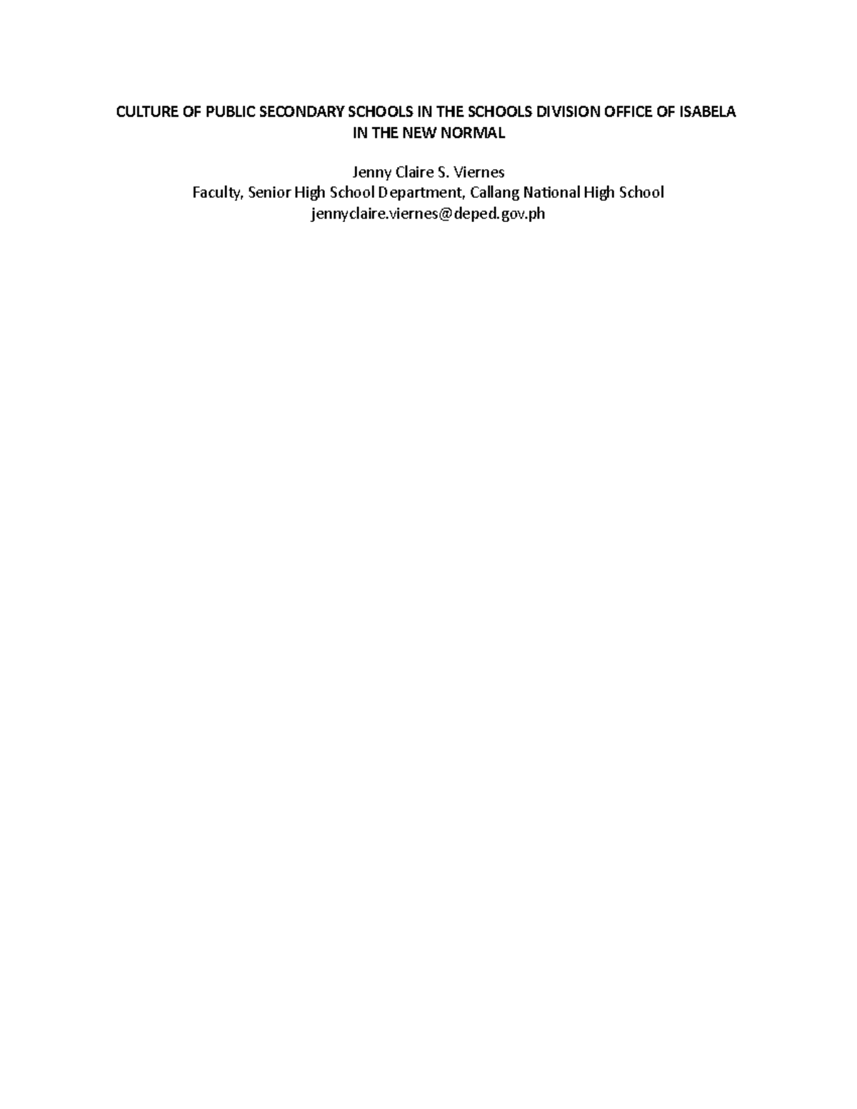 Proposed Research Title - CULTURE OF PUBLIC SECONDARY SCHOOLS IN THE ...