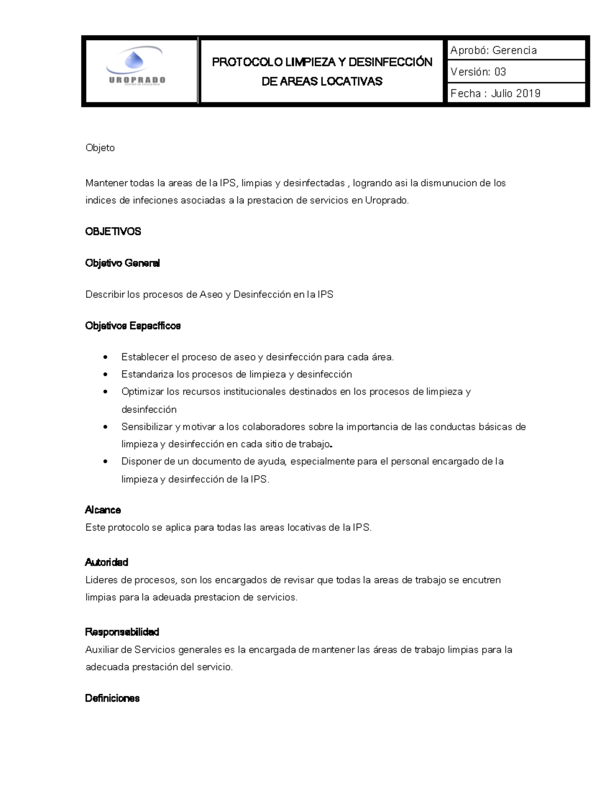 Protocolo Limpieza Y DesinfeccióN DE Areas Locativas v3 - PROTOCOLO LIMPIEZA Y DESINFECCIÓN DE ...
