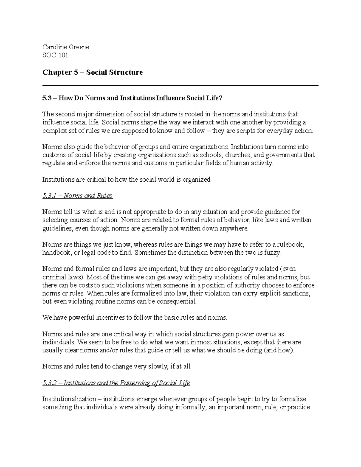 5.3 - How Do Norms and Institutions Influence Social Life? - Caroline ...