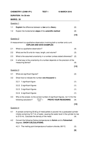 question papers for practice and study materials - CHE31M1 - WSU - Studocu