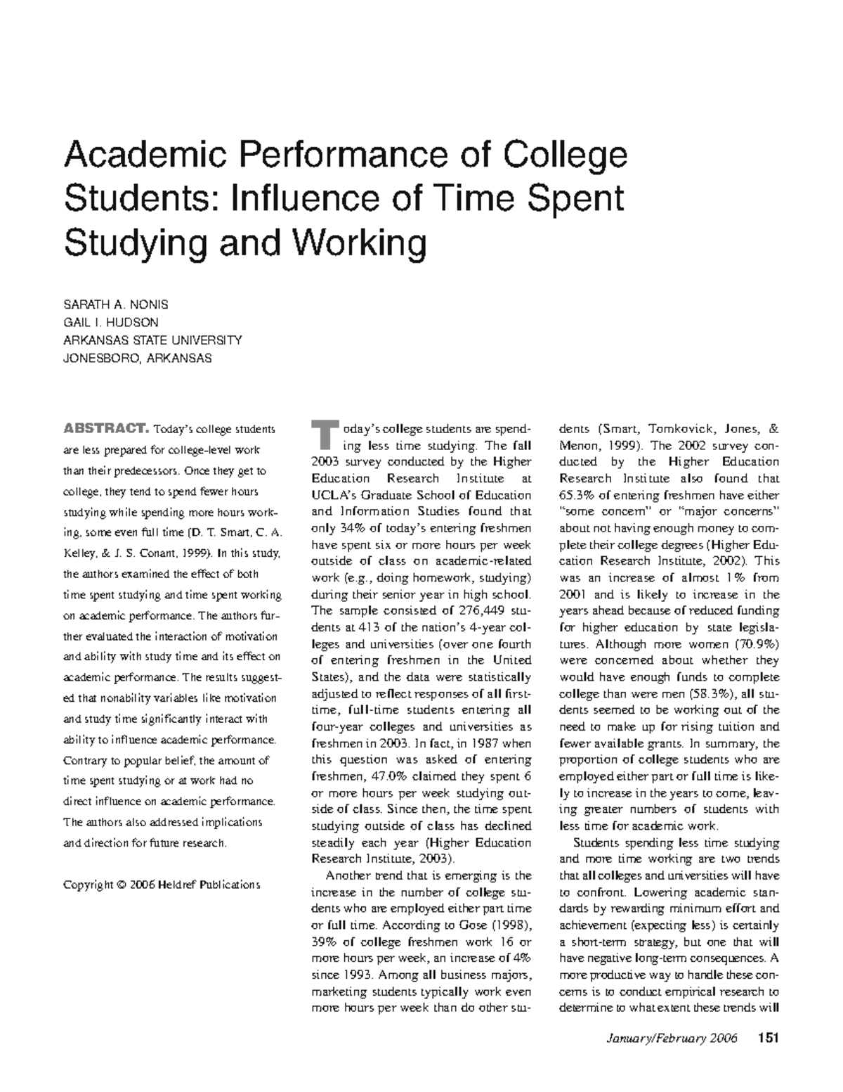 Academic Performance of College Students - ABSTRACT. Today’s college ...