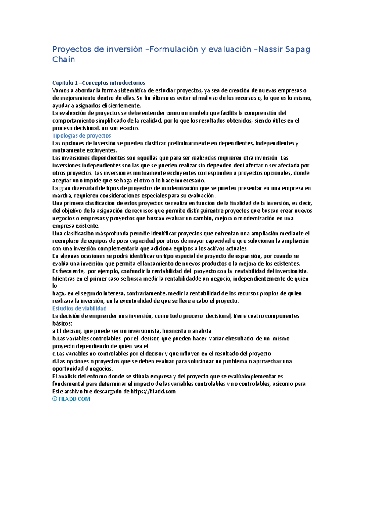 Resumen FEDP - Proyectos de inversión –Formulación y evaluación –Nassir ...