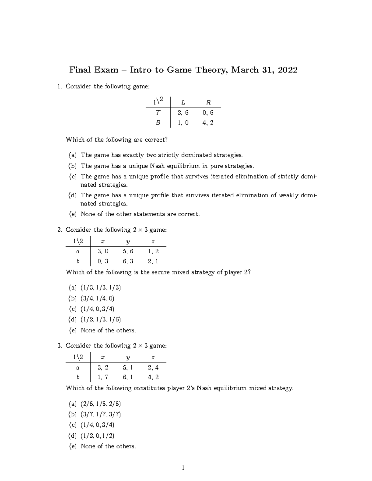 Final Exam 2022 (with solutions)-2 - Final Exam – Intro to Game Theory ...