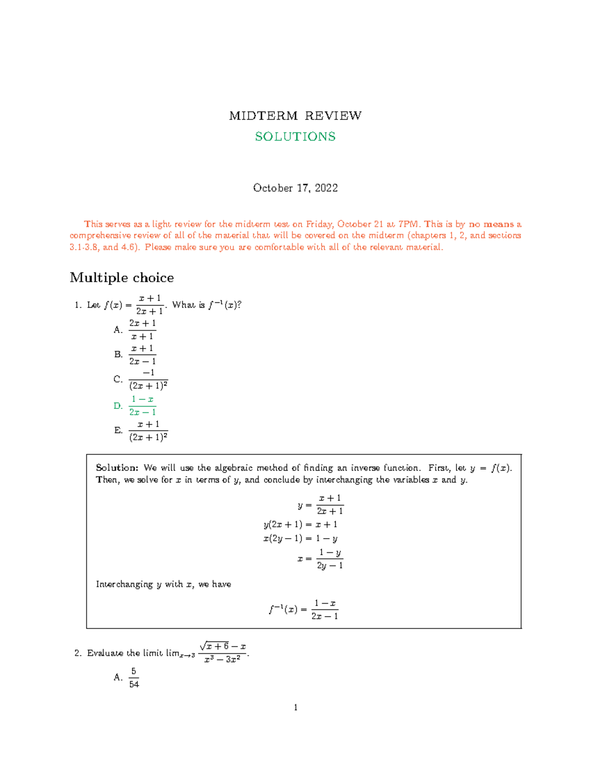 Tutorial+10 midterm+review 1 - midterm review solutions October 17 ...
