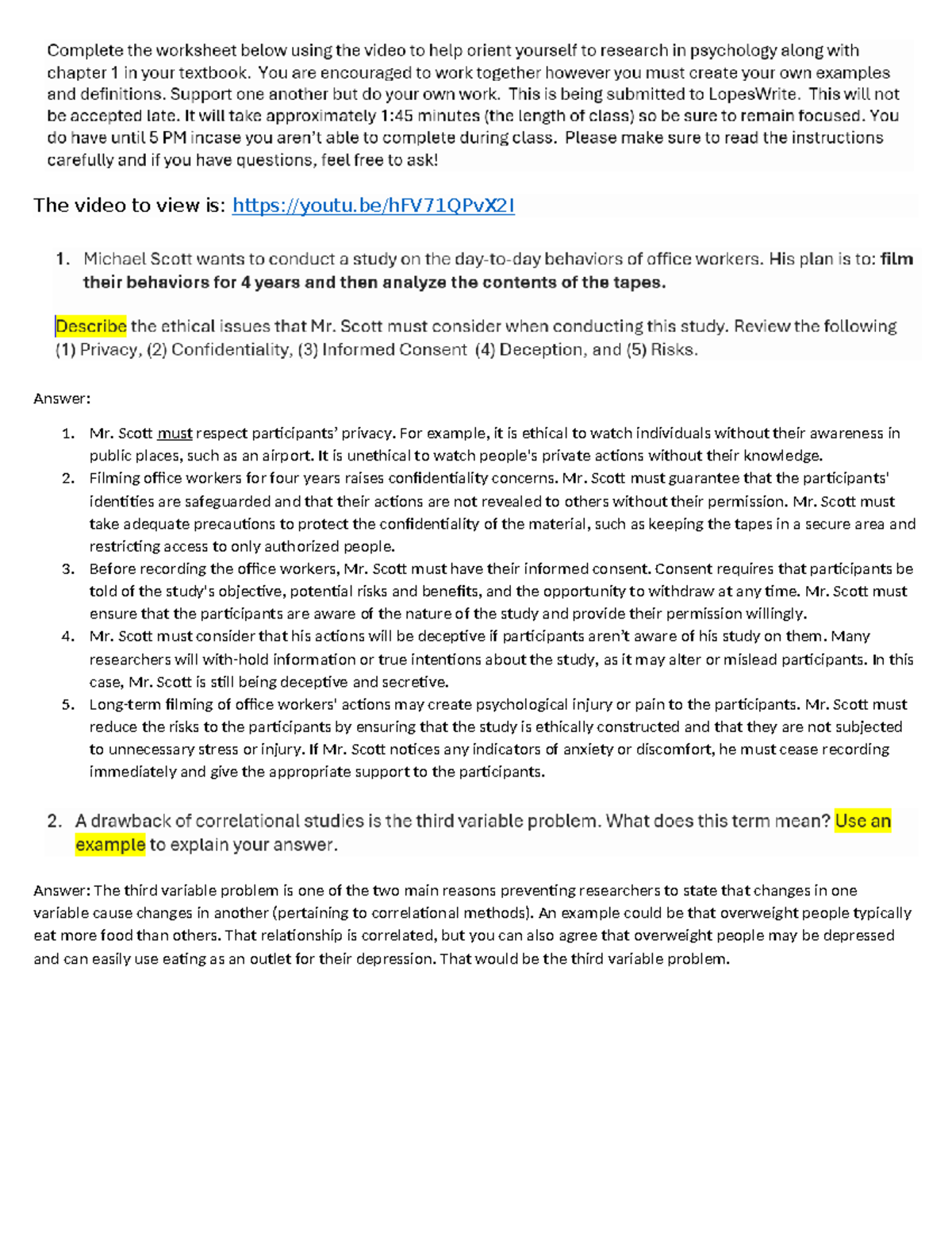 Blended ch1 WS - math assignment - The video to view is: youtu/hFV71QPvX2I Answer: 1. Mr. Scott ...