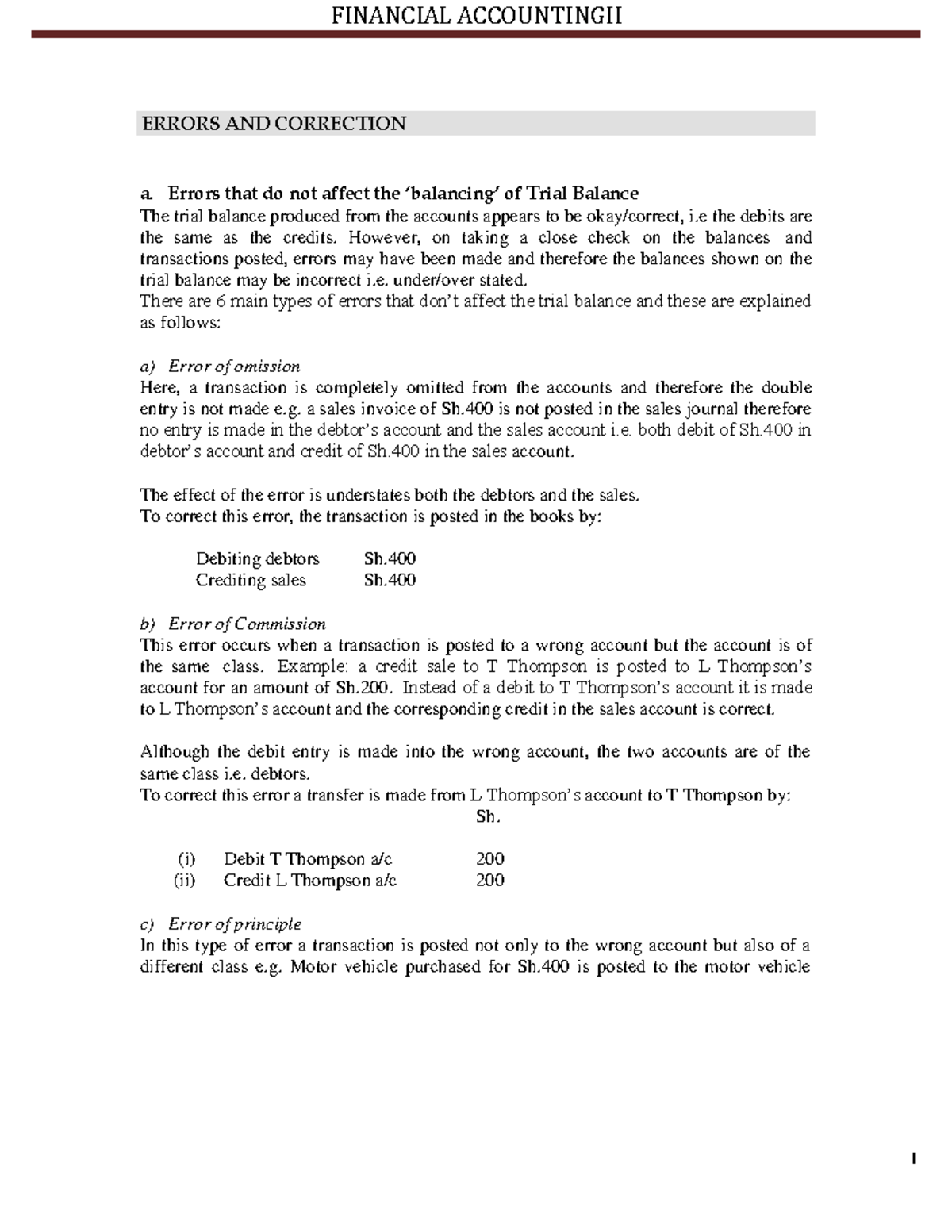 Errors In Accounting Fa 1 Errors And Correction A Errors That Do Not Affect The ‘balancing
