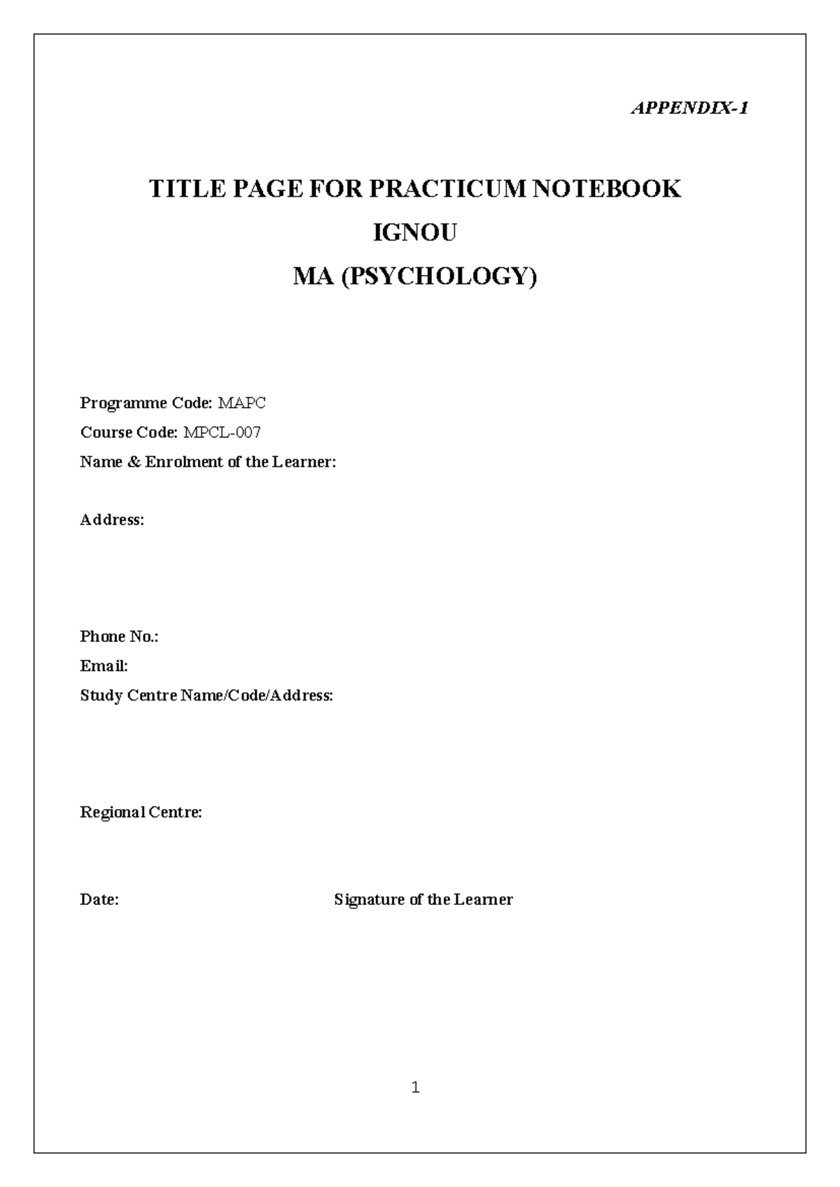 MPCL 007 practical file - APPENDIX- TITLE PAGE FOR PRACTICUM NOTEBOOK IGNOU MA (PSYCHOLOGY ...