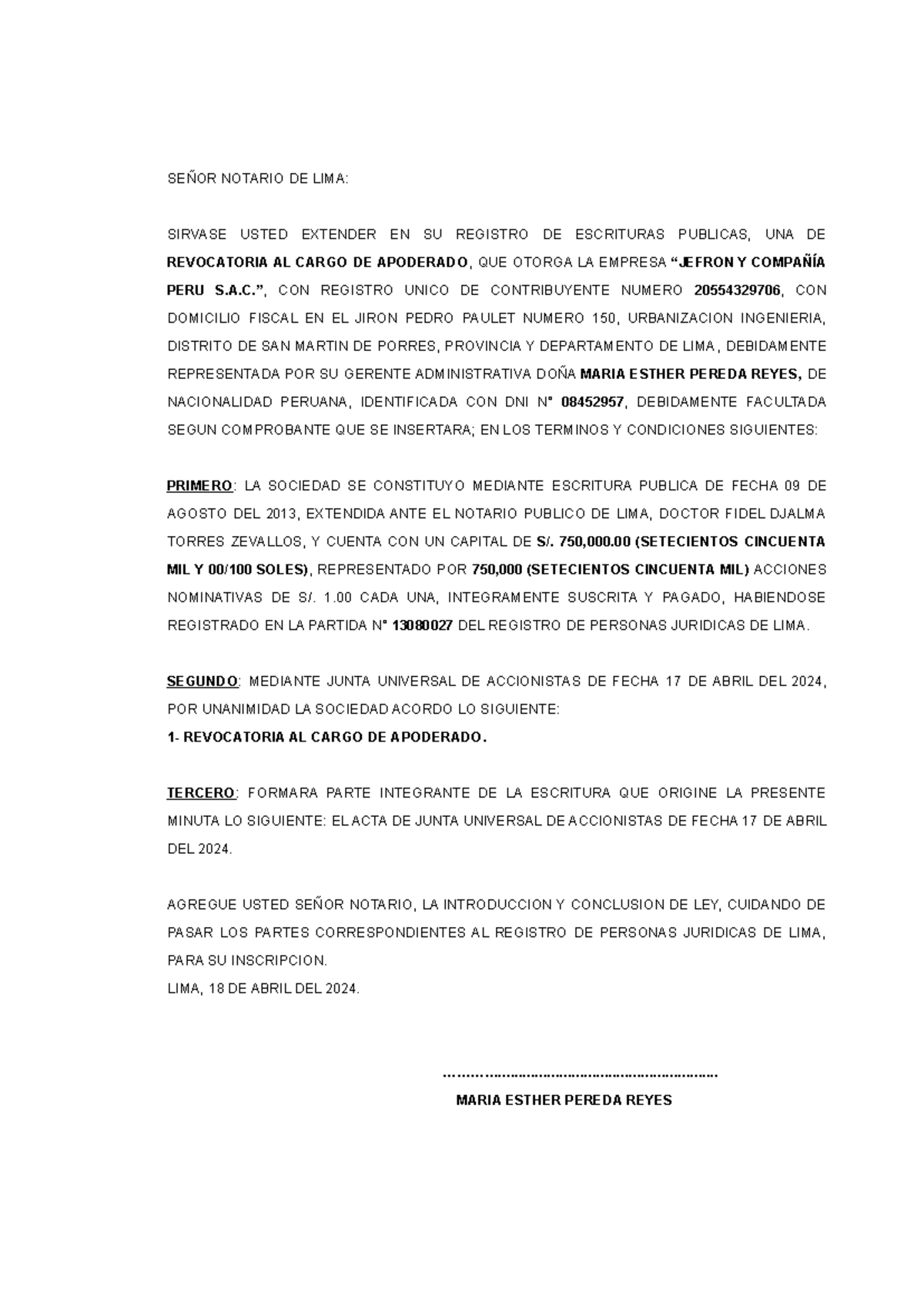 Revocatoria DE Poder.- Jefron Y Compañía PERU S.A.C - SEÑOR NOTARIO DE ...