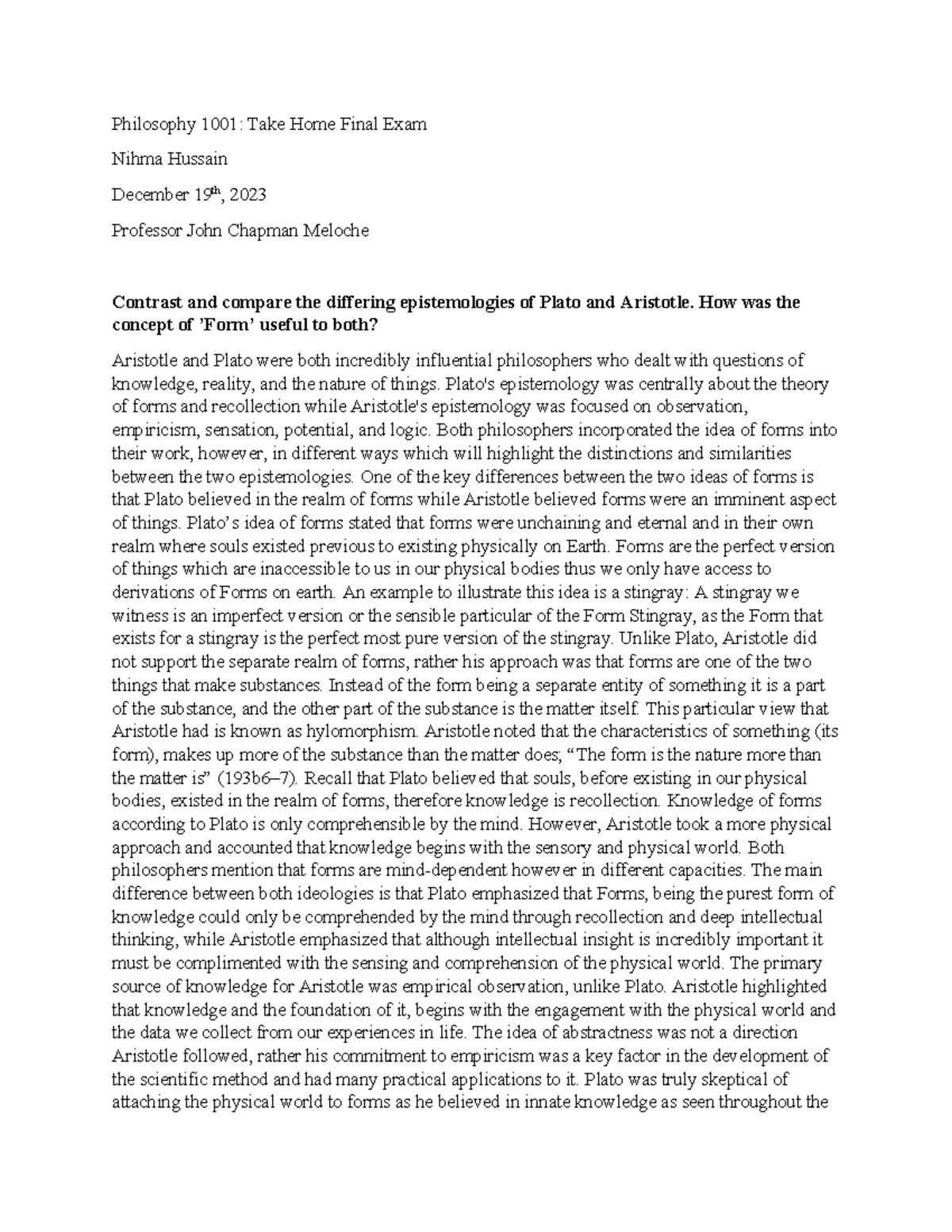 Phil 1001 take home - phil 1 take-home exam - Philosophy 1001: Take Home Final Exam Nihma ...