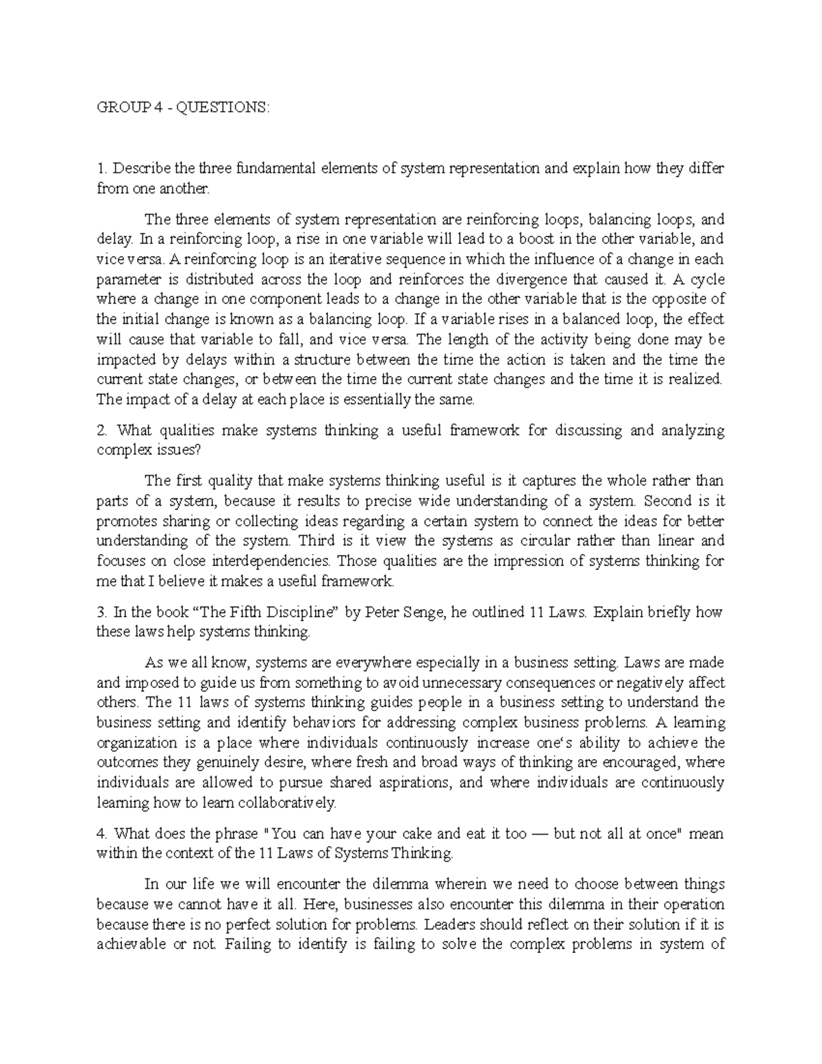 System thinking question - GROUP 4 - QUESTIONS: Describe the three ...