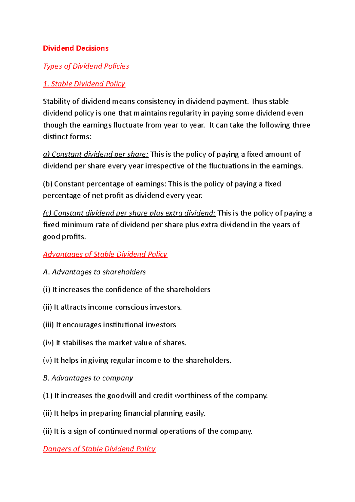Dividend Decisions - Stable Dividend Policy Stability of dividend means ...