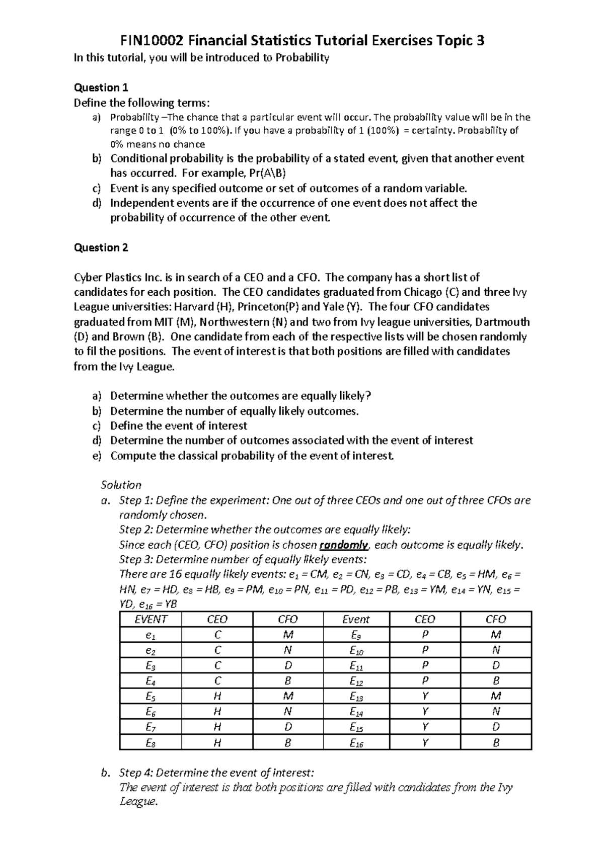 FIN10002 Topic 3 solutions-2 - FIN10002 Financial Statistics Tutorial Exercises Topic 3 In this ...