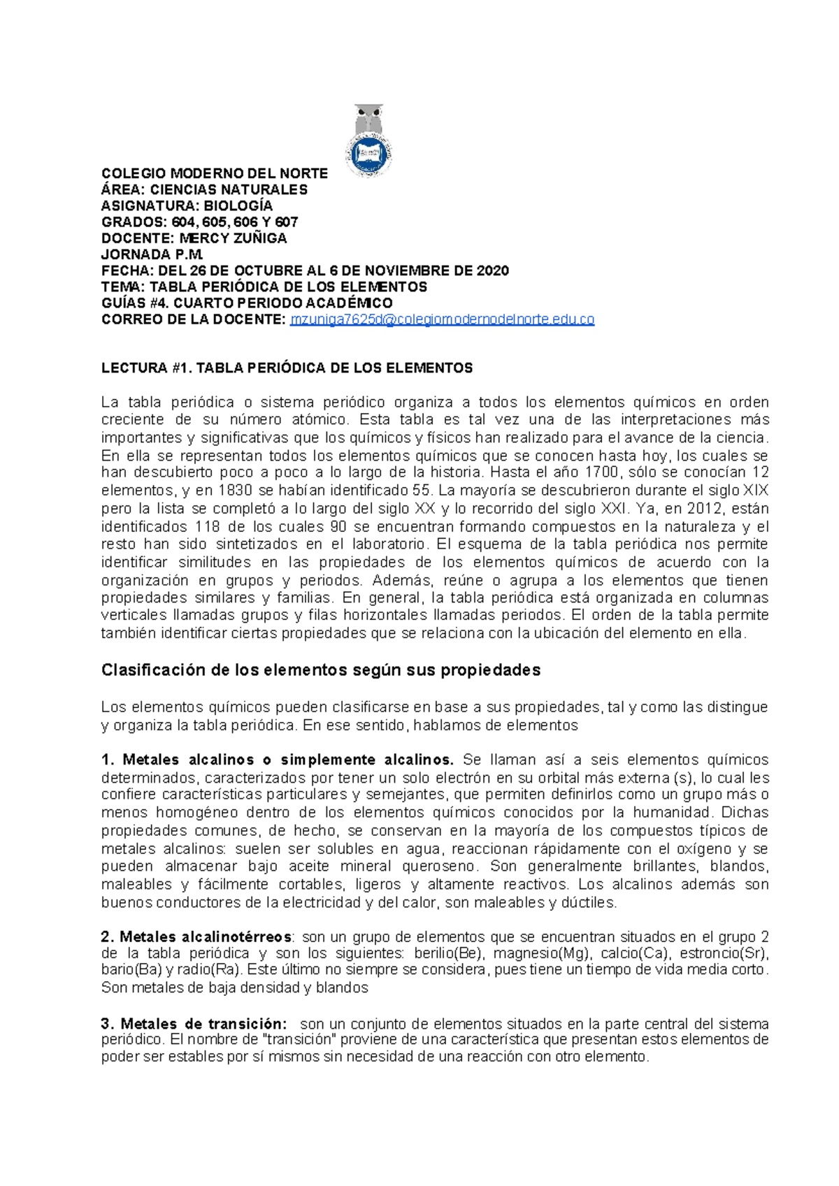 4TO Periodo Guias#4 DE Biologia Jornada P.M- Tabla Periódica DE LOS ...