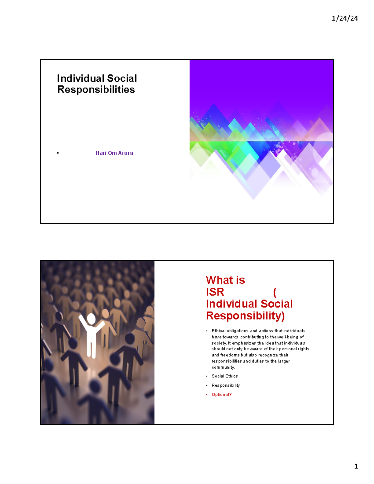 ISR - Class notes - 1/24/ 1 Individual Social Responsibilities • Hari ...