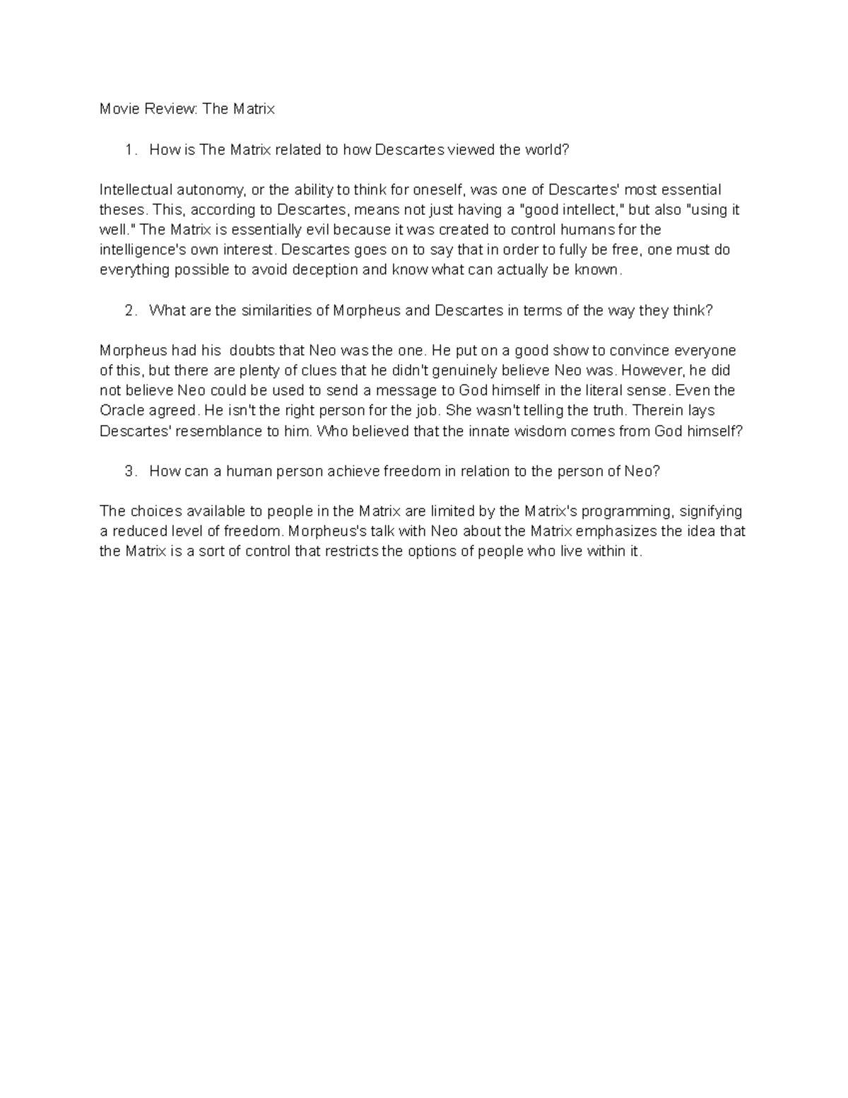 Movie Review The Matrix - How is The Matrix related to how Descartes ...