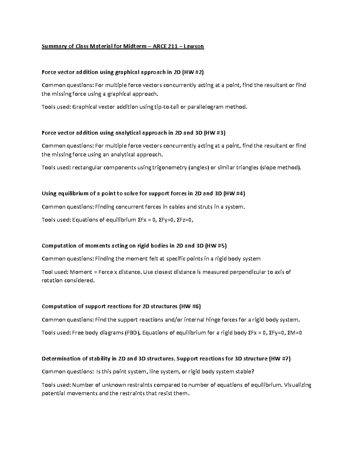 Summary of Class Material for Midterm - Tools used: Graphical vector addition using tip-to-tail ...