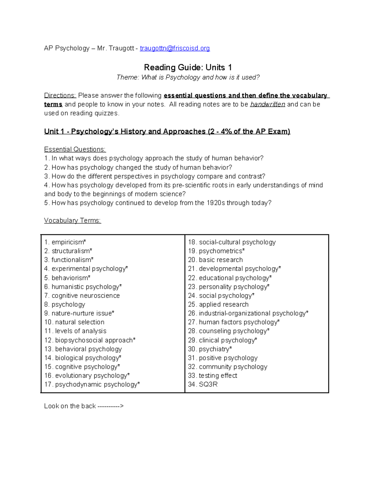 AP Psychology - Units 1, 2 and 14 Reading Guide - AP Psychology – Mr ...