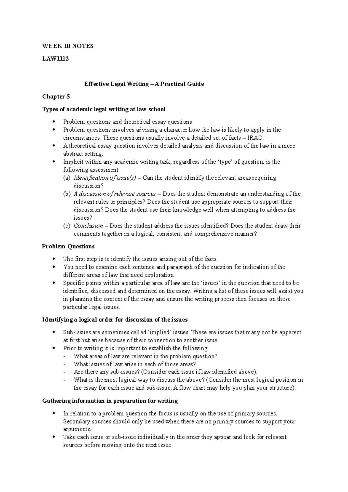 Week 10 notes - LAW1112 - WEEK 10 NOTES LAW Effective Legal Writing – A ...