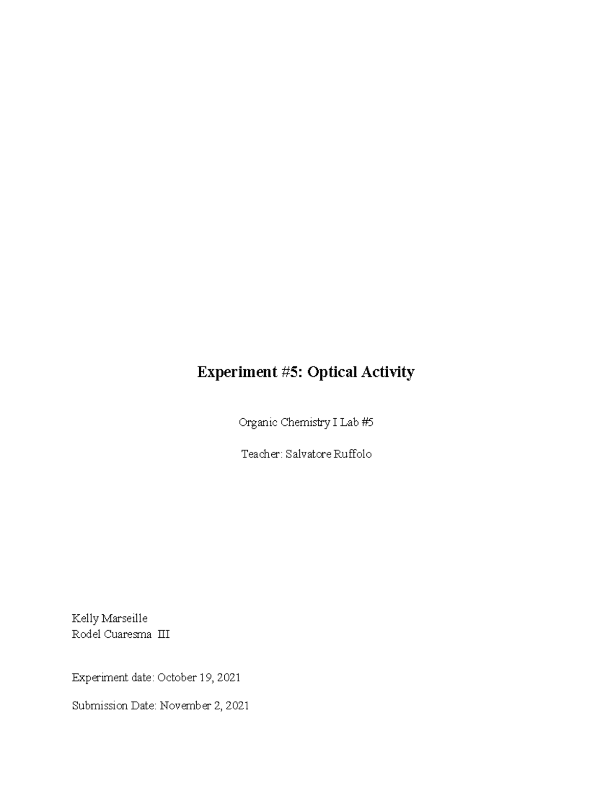 Experiment #5 Optical Activity - Experiment #5: Optical Activity ...