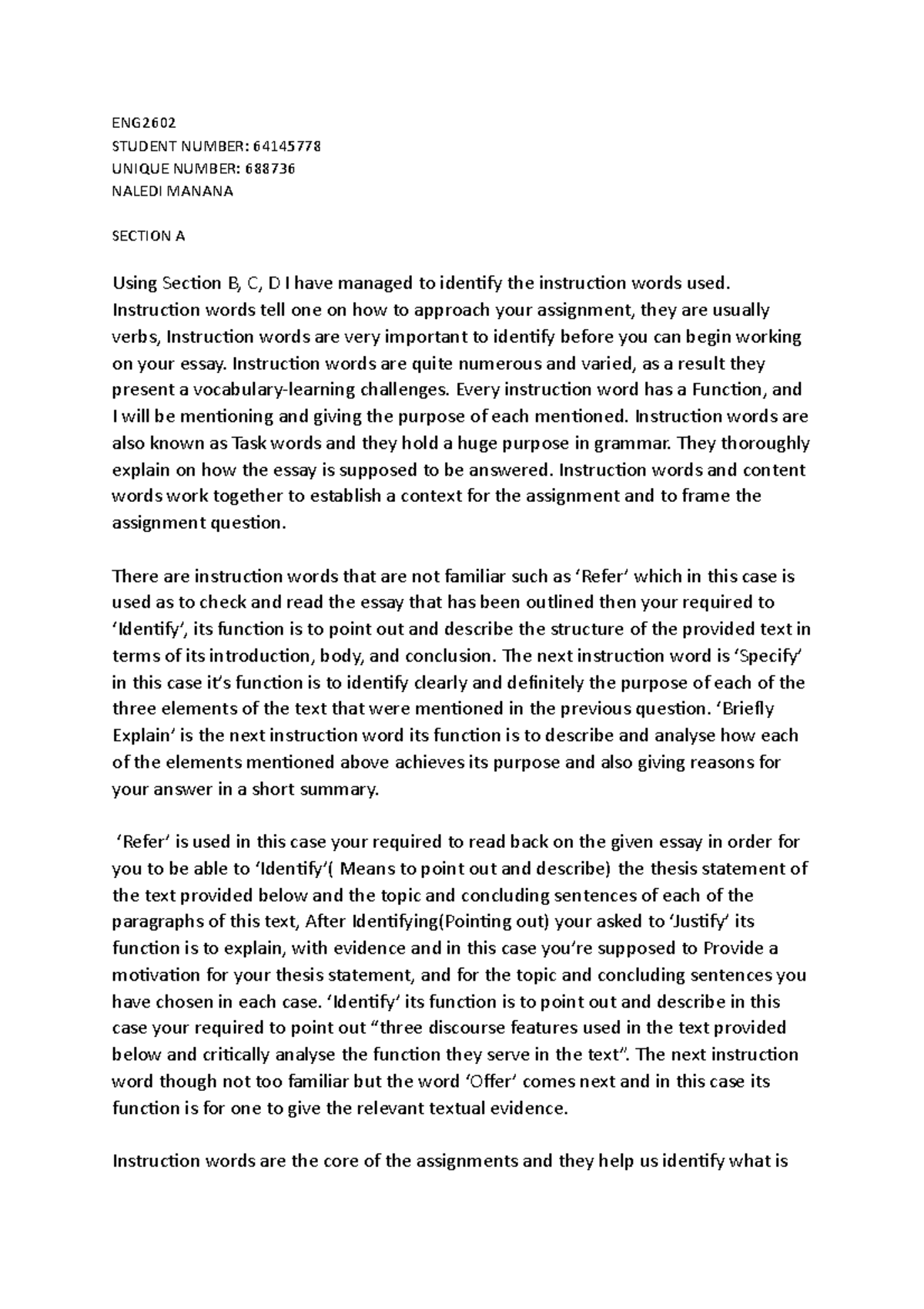 ENG2602 ass 1 - notes - ENG STUDENT NUMBER: 64145778 UNIQUE NUMBER ...