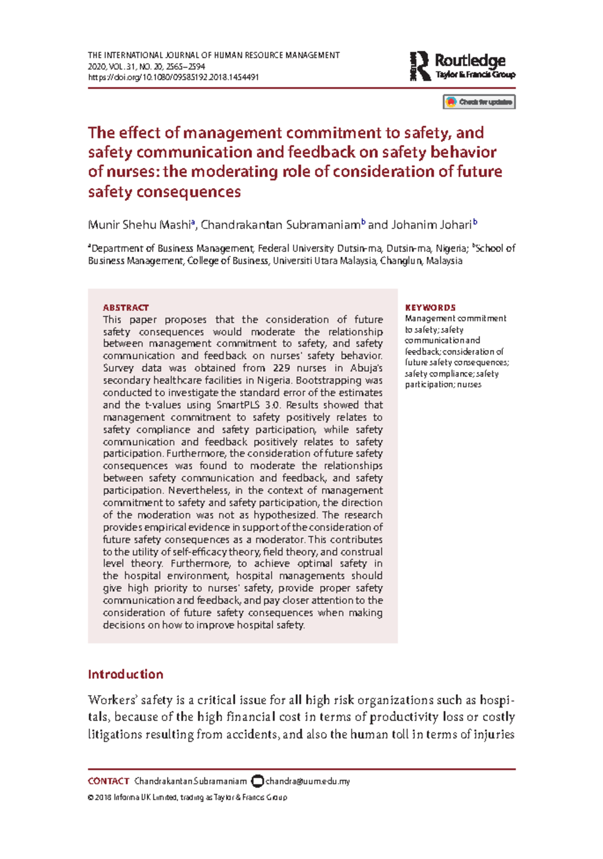 Patients safety - n/a - The effect of management commitment to safety ...