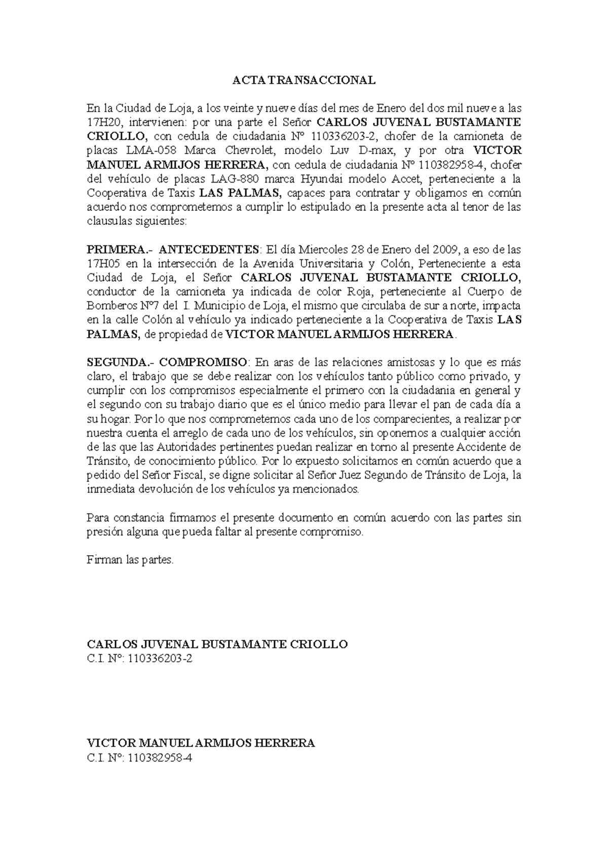 ACTA Transaccional (Victor Manuel Armijos Herrera) - ACTA TRANSACCIONAL ...