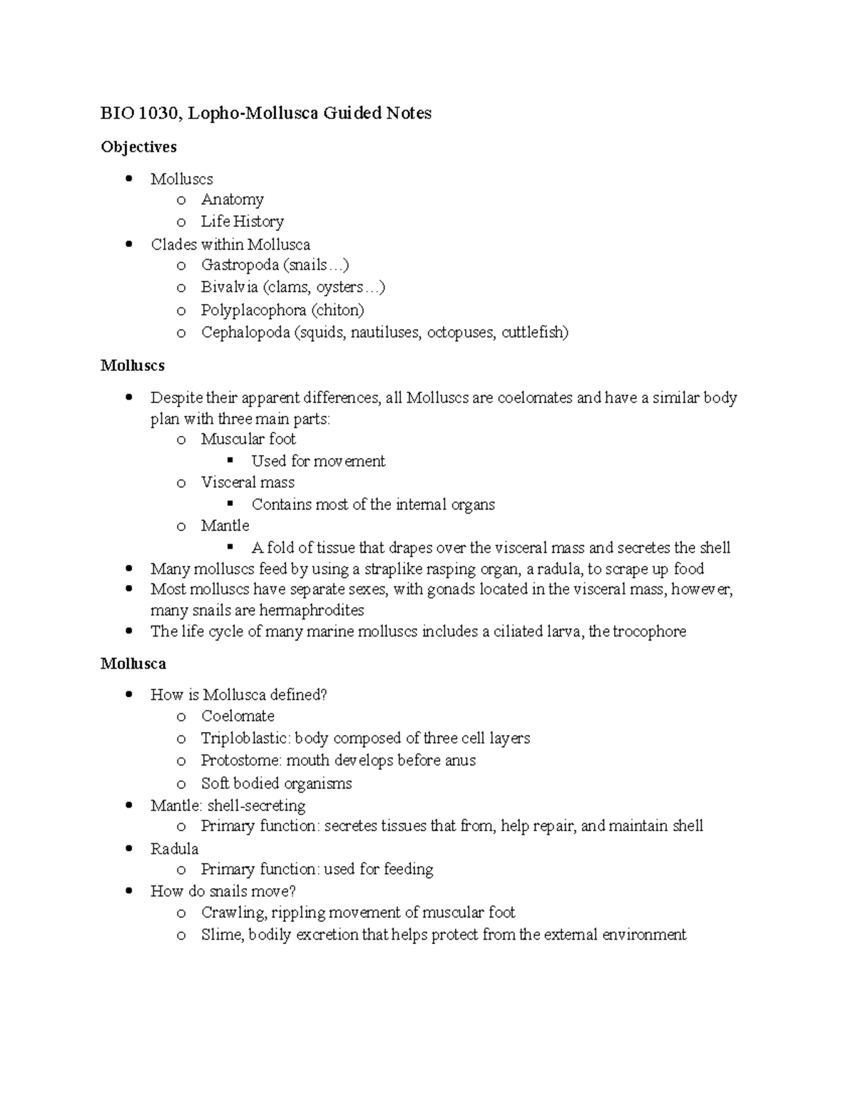 BIO 1030 Lopho-Mollusca Guided Notes - BIO 1030, Lopho-Mollusca Guided ...