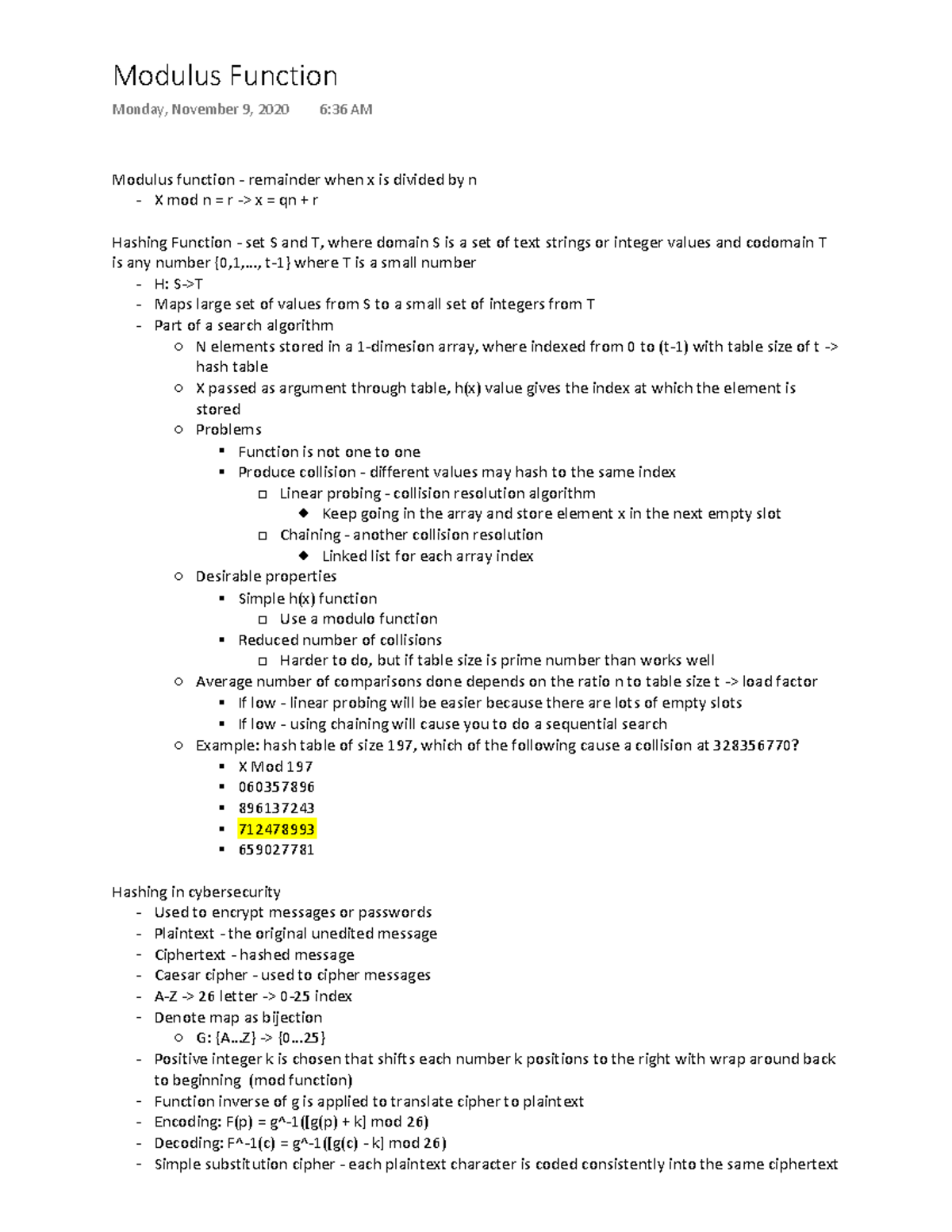 CS1300 modulus hash - Modulus function - remainder when x is divided by n - X mod n = r -> x ...