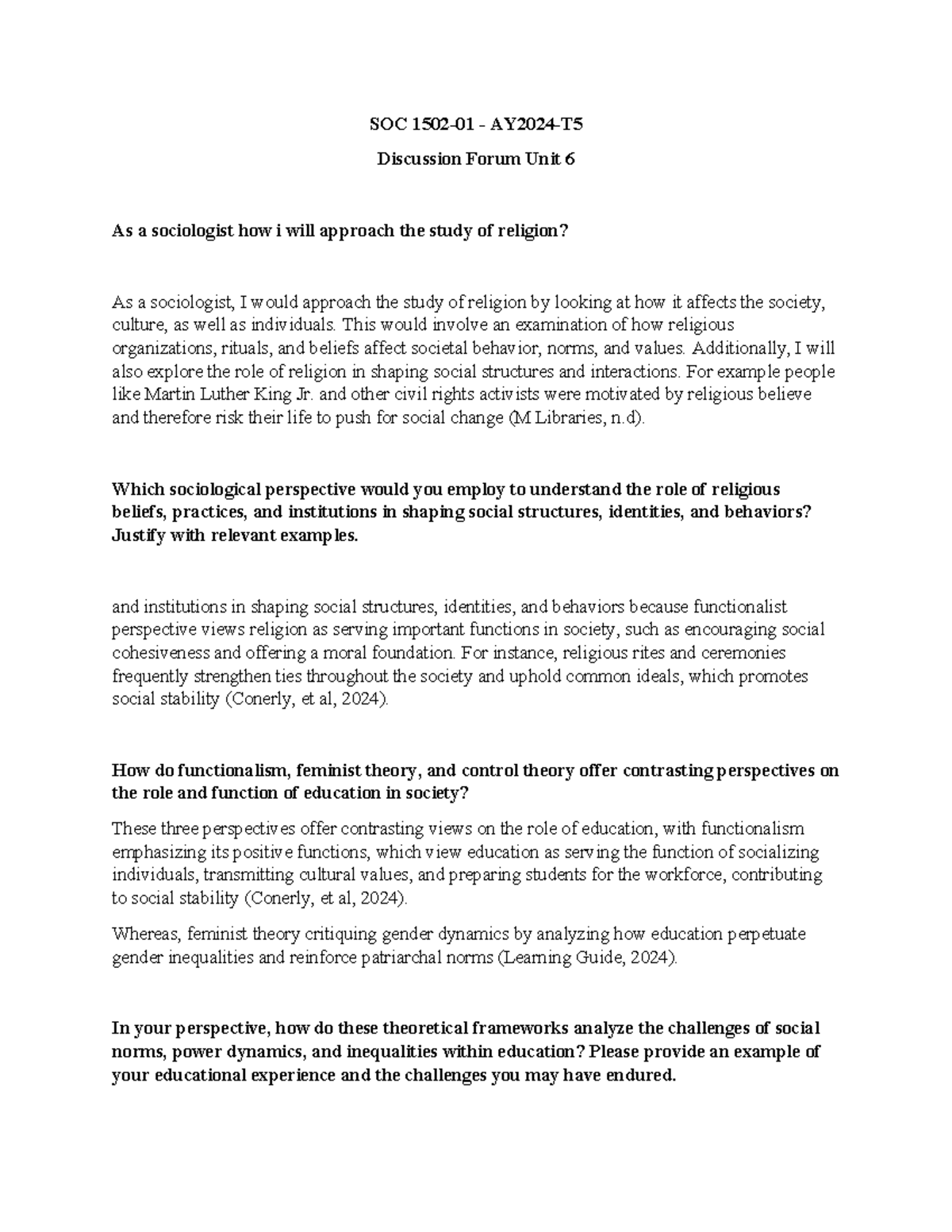 SOC 1502 df unit 6 - discussion assignment - SOC 1502-01 - AY2024-T ...