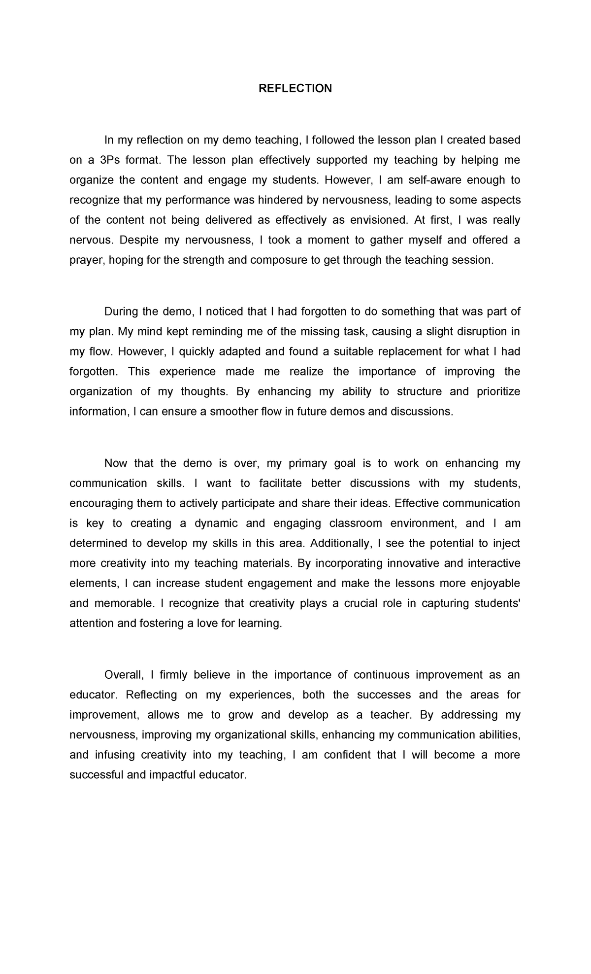 Reflection - REFLECTION In my reflection on my demo teaching, I ...