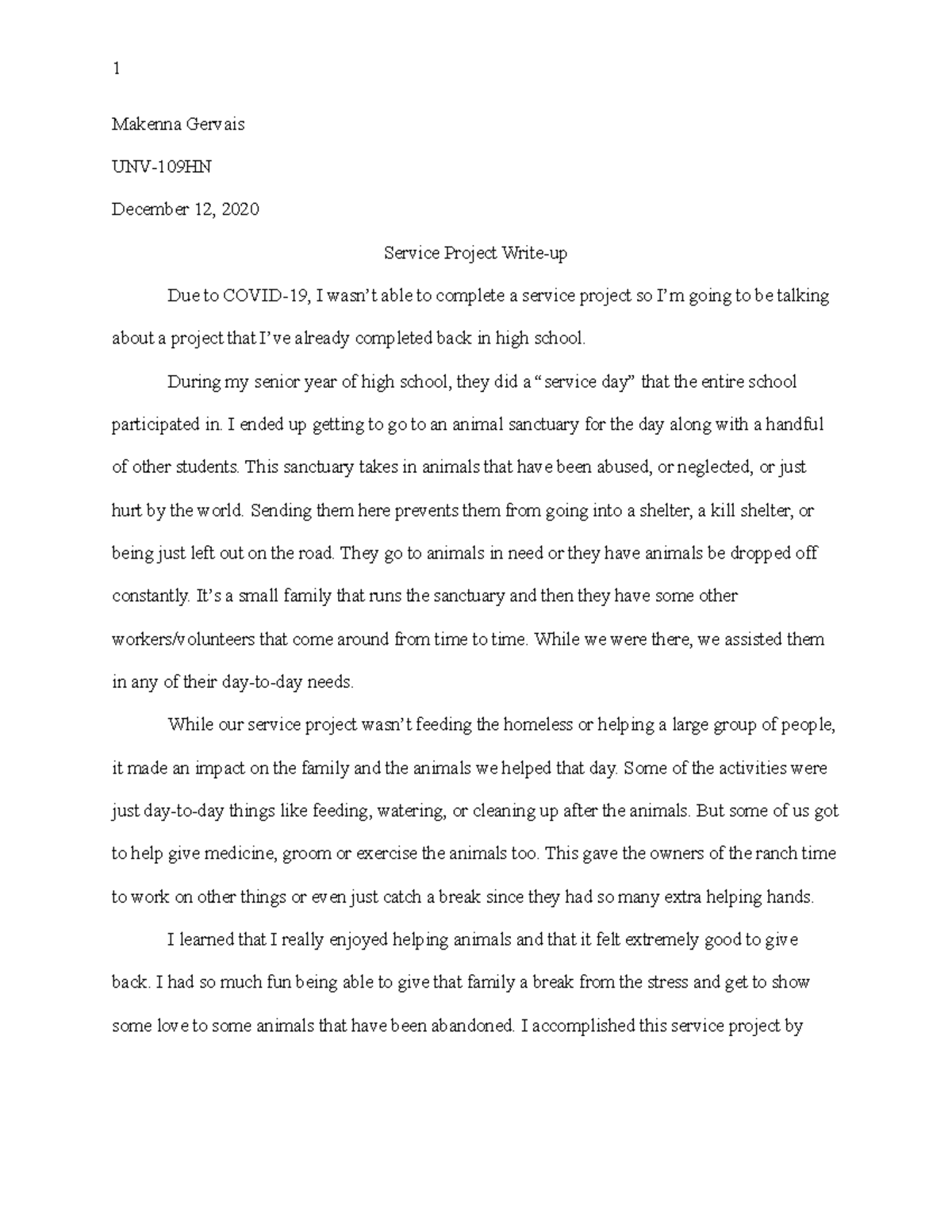 Service Activity Write-up - 1 Makenna Gervais UNV-109HN December 12 ...