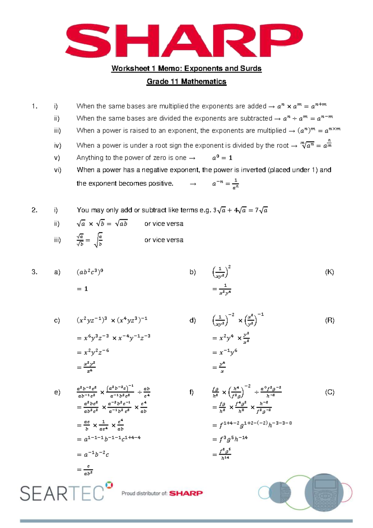 Worksheet 1 Memorandum Exponents and Surds Grade 11 Mathematics ...