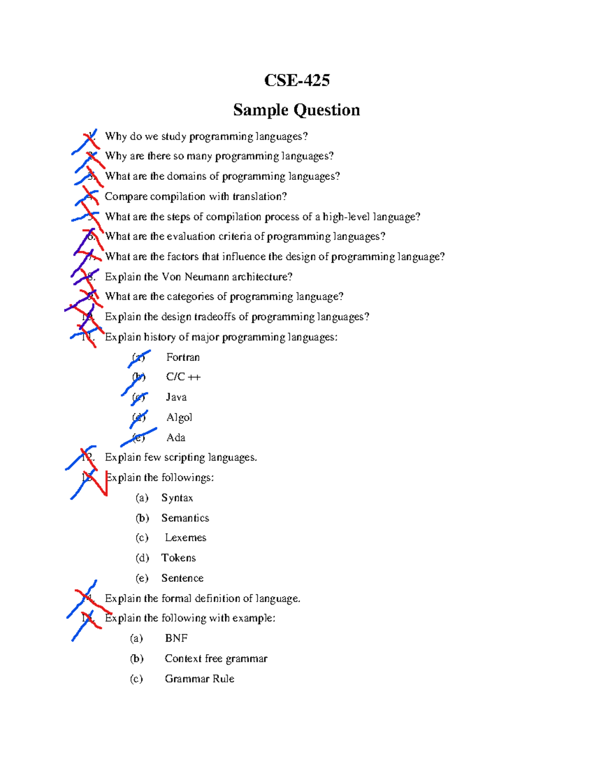 Sample Quetions of CSE 425 - CSE- Sample Question 1. Why do we study ...