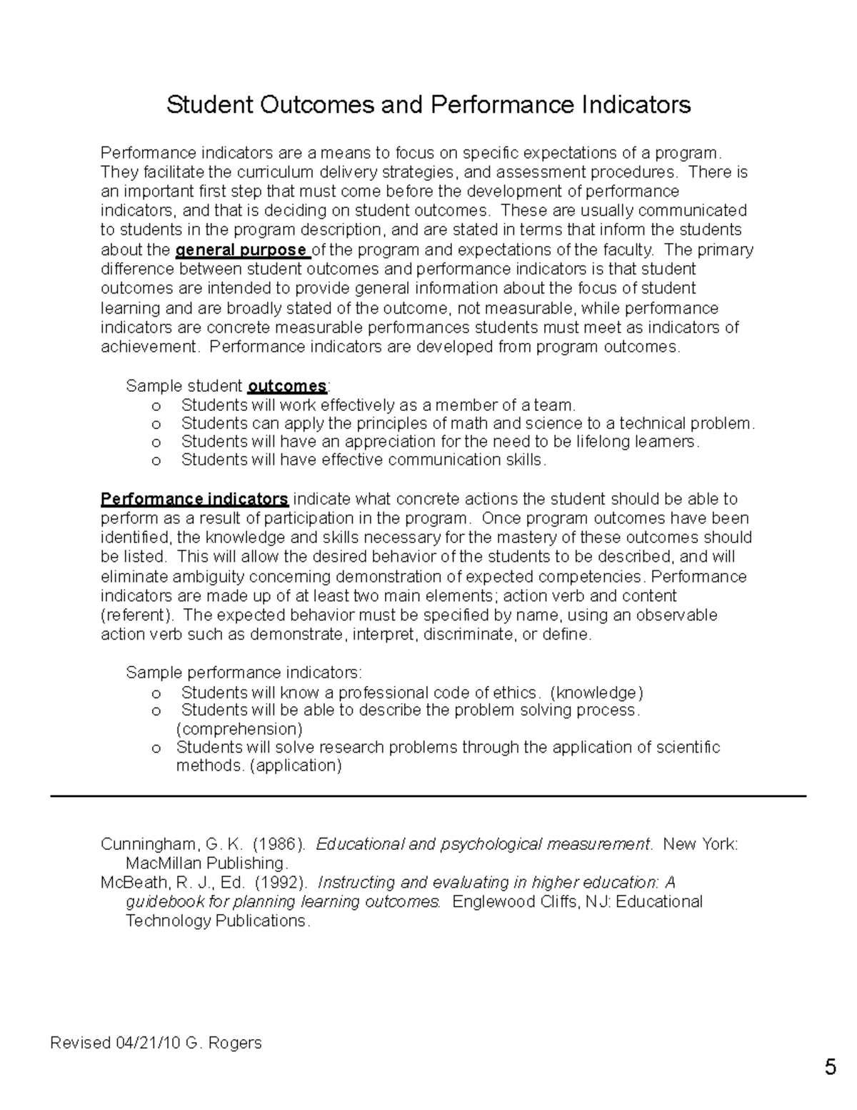 Program outcomes and performance indicators - Performance indicators ...