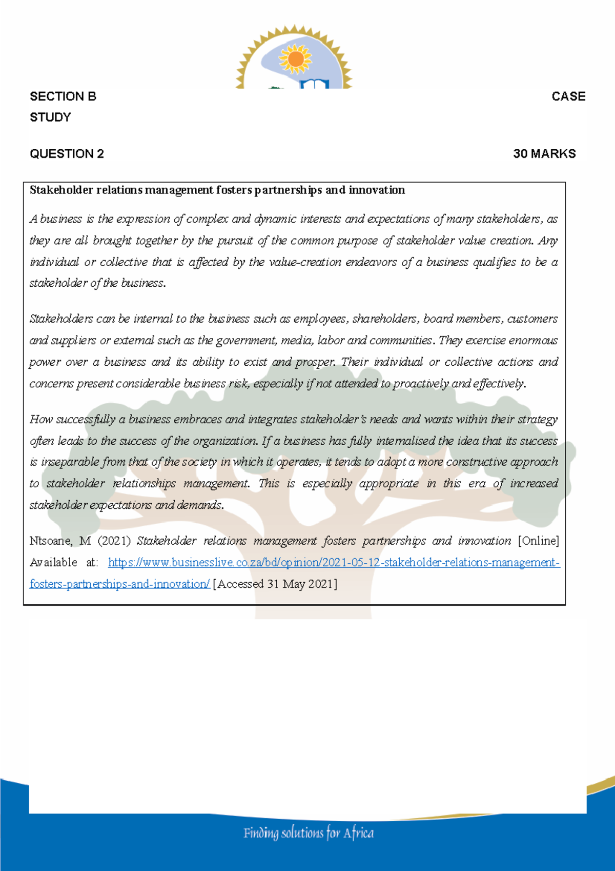 Practice Question CSR - SECTION B CASE STUDY QUESTION 2 30 MARKS ...