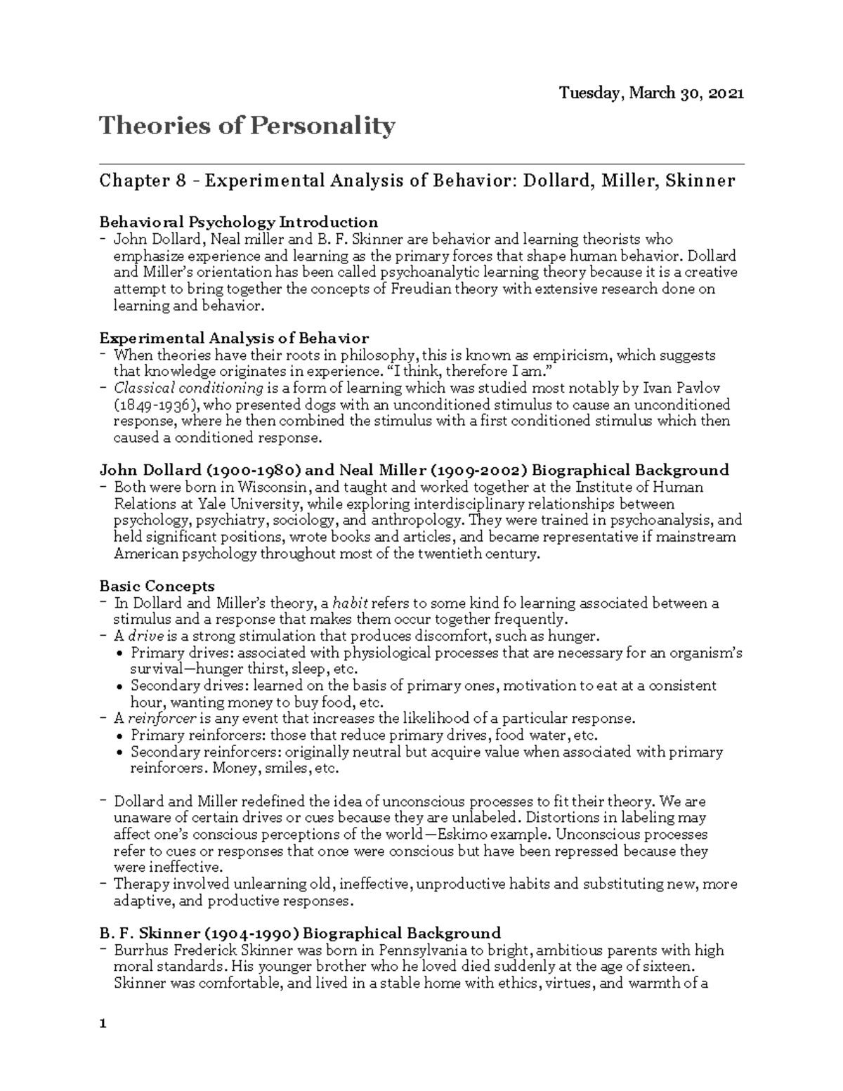 Theories of Personality Chapter 8 Notes - Dollard, Miller, Skinner ...