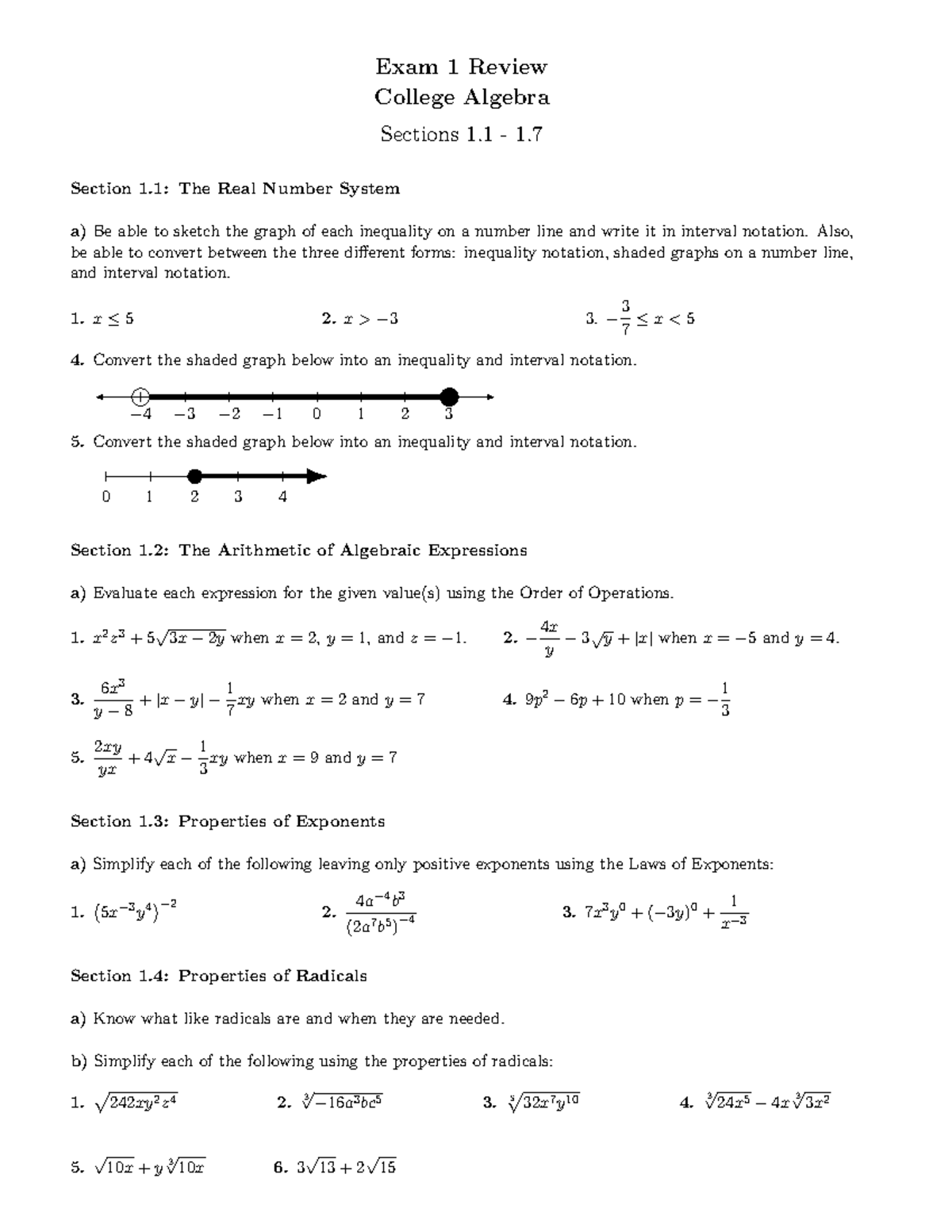 Math 111 Exam 1 Review - Exam 1 Review College Algebra Sections 1 - 1 ...
