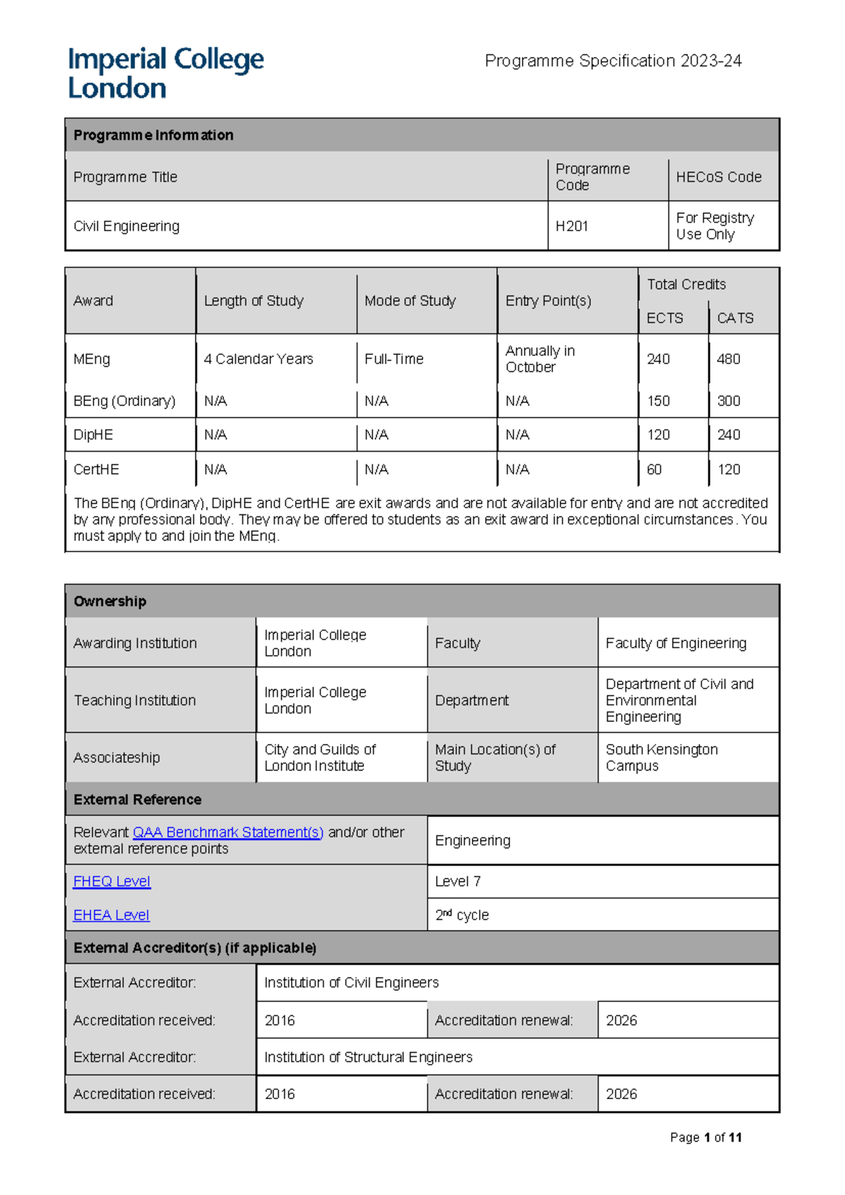 H201 MEng Civil Engineering 2023 24 - Programme Specification 2023- Programme Information ...