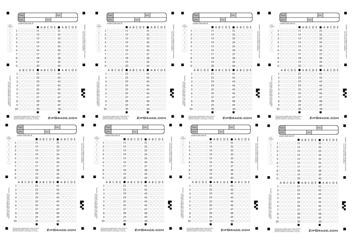 50 items zip grade - Answer sheet - Name Date Name Date Name Date Name ...