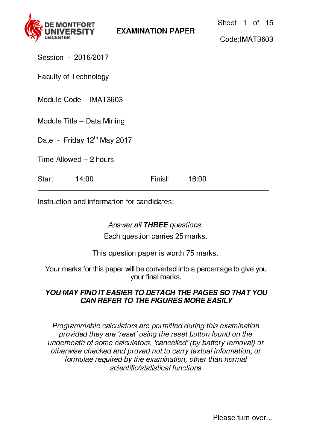 IMAT3603 2017 Exam - Sheet 1 of 15 EXAMINATION PAPER Code:IMAT Session ...