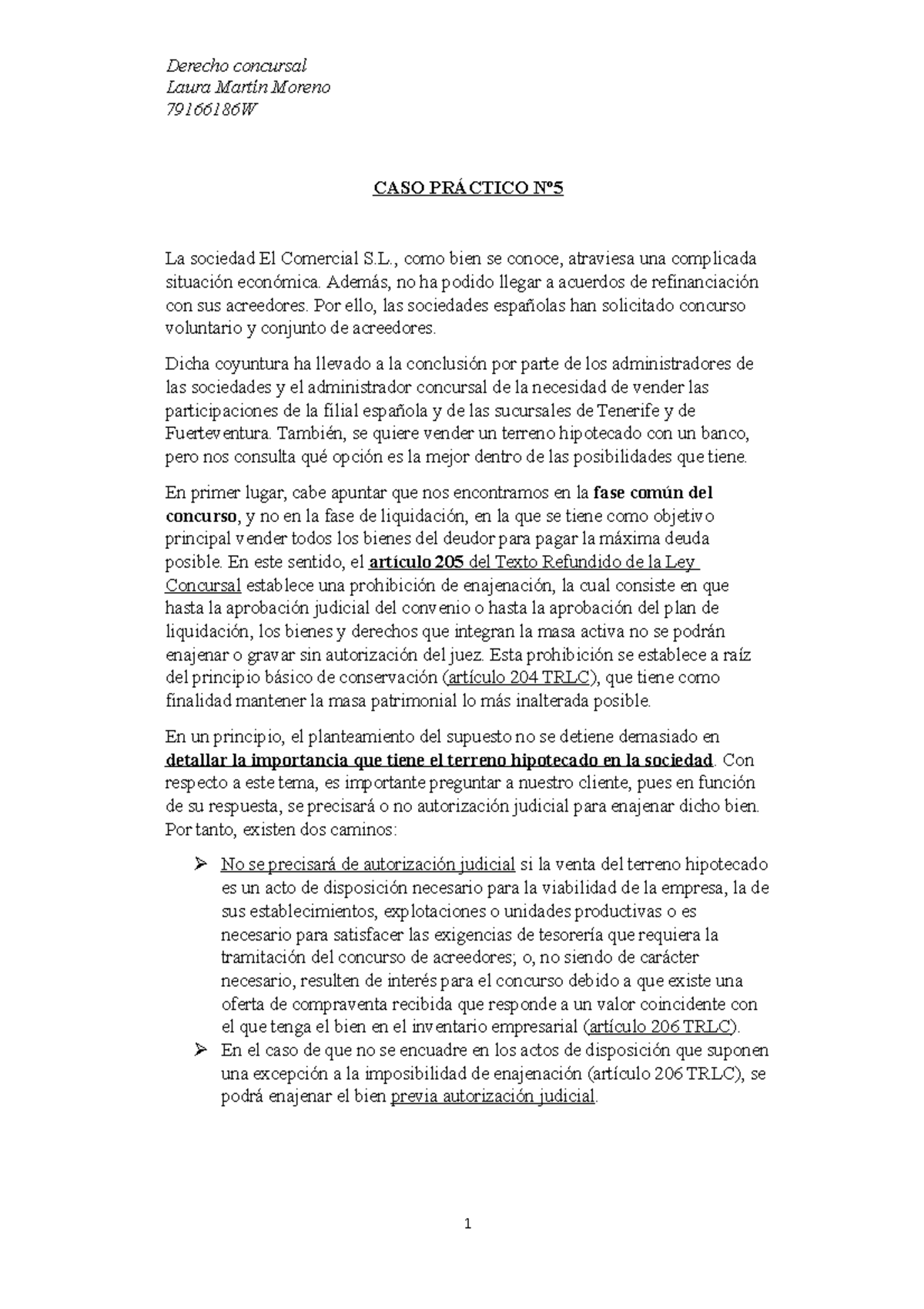 CASO Práctico Nº5 - casos practicos - Derecho concursal Laura Martín Moreno 79166186W CASO ...