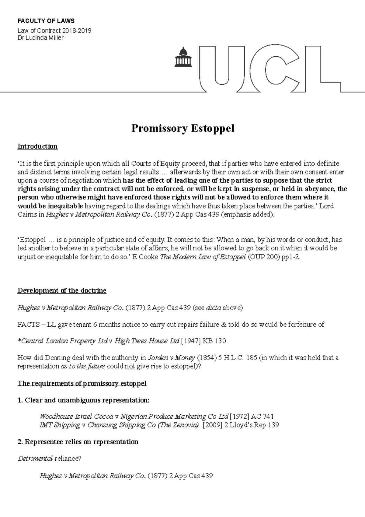 Prom Estoppel Handout - FACULTY OF LAWS Law of Contract 2018- Dr ...
