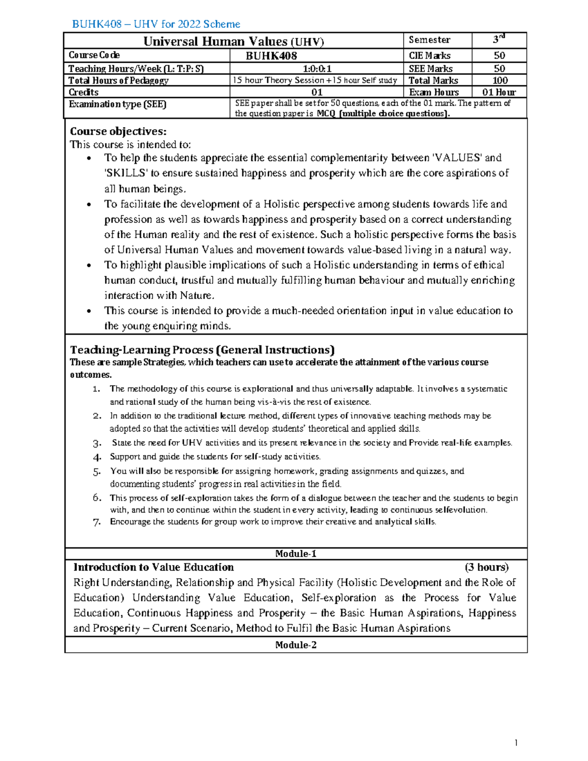 BUHK408 Universal human Values - Universal Human Values (UHV) Semester ...