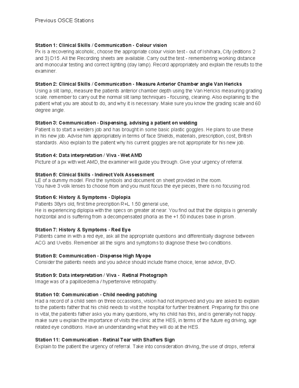OSCE past stations - 29 pages - Station 1: Clinical Skills ...