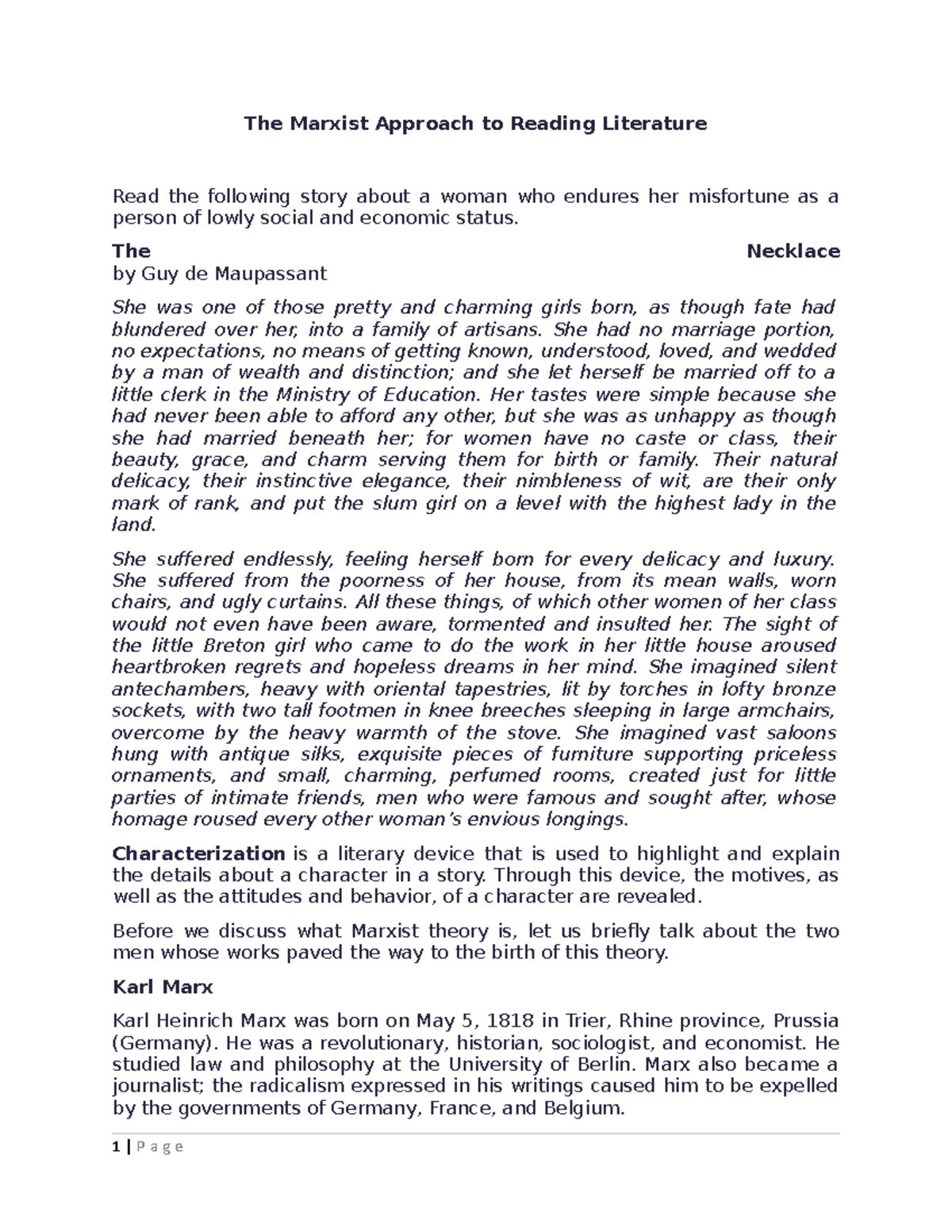 The Marxist Approach to Reading Literature - The Necklace by Guy de ...