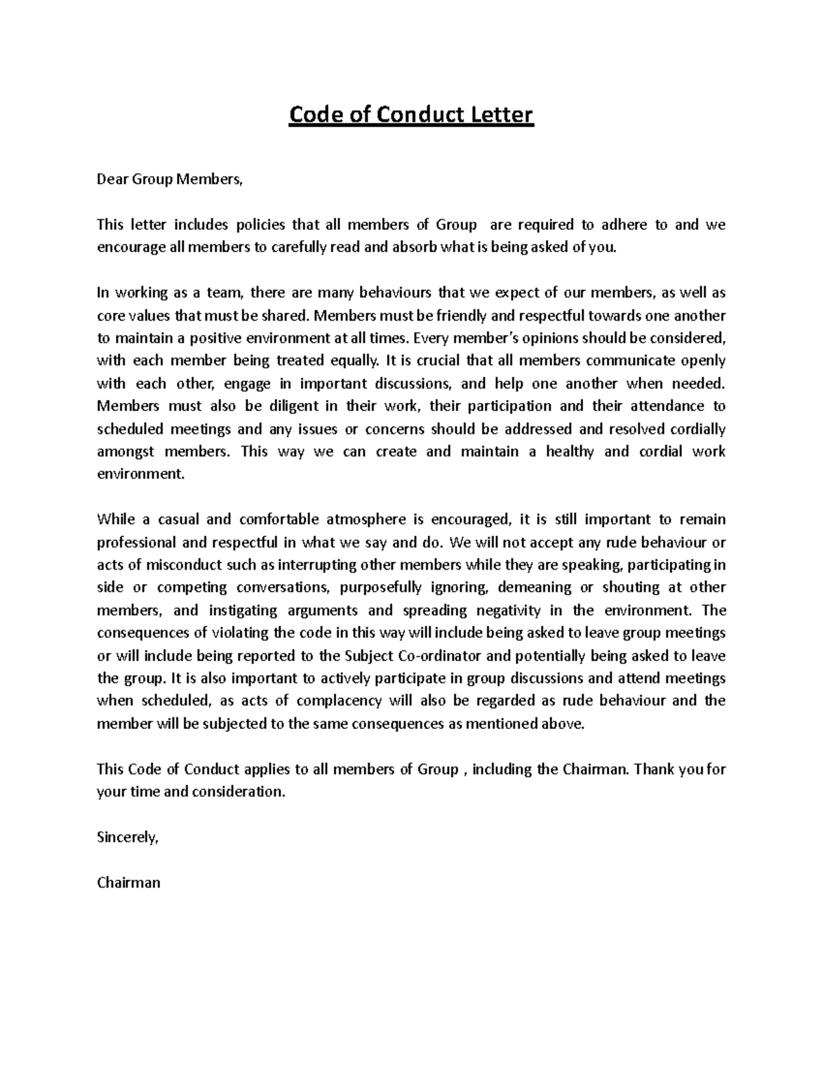 Code of Conduct - In working as a team, there are many behaviours that ...