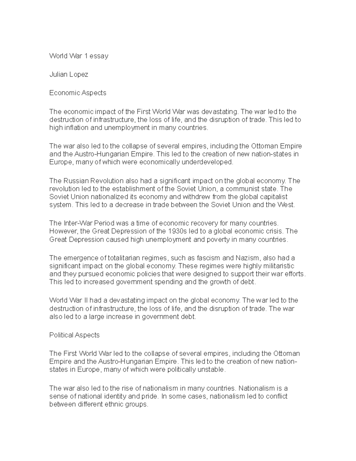 Evidence 2 contemporary world - World War 1 essay Julian Lopez Economic ...